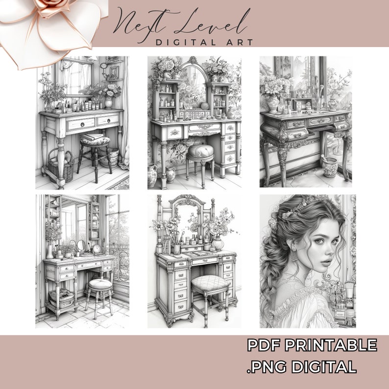 Makeup Vanity Coloring Pages: Realistic Interior Grayscale (PDF & PNG ...