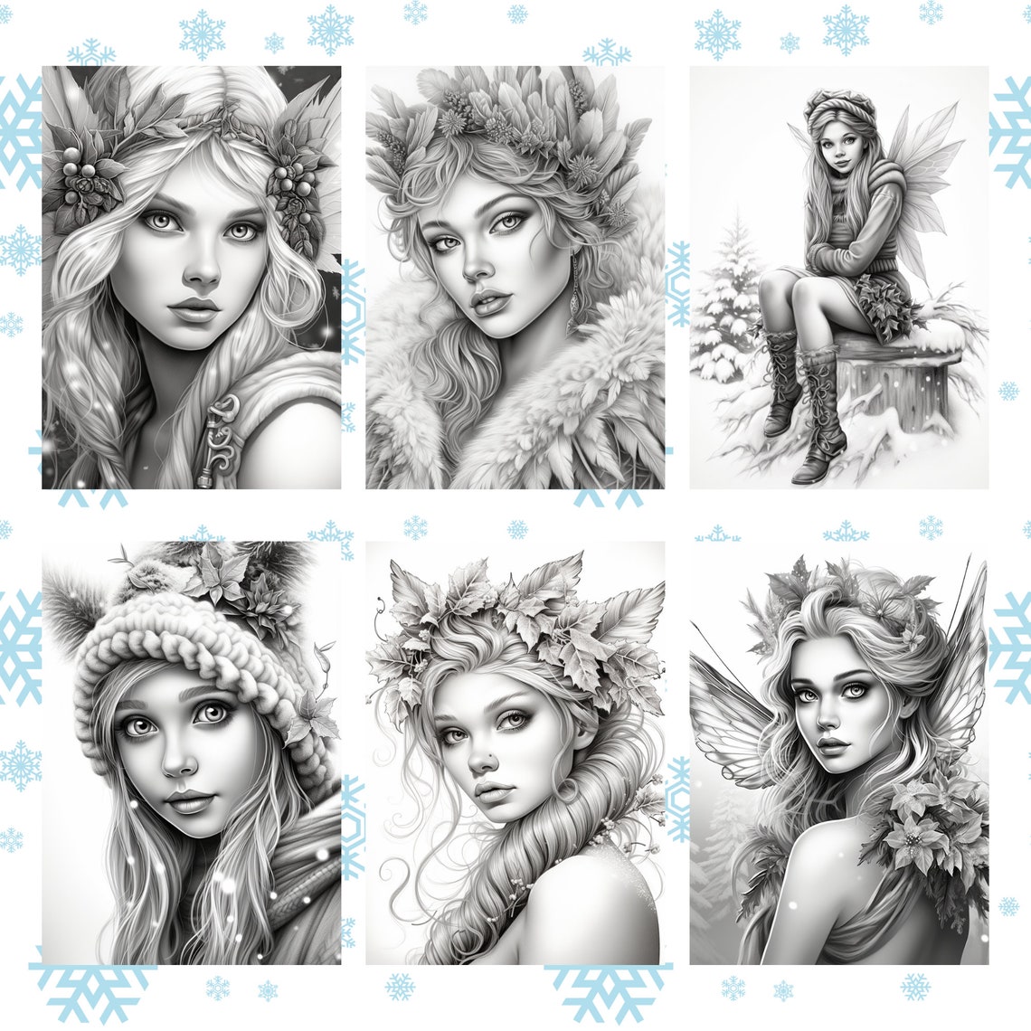 Winter Fairies Coloring Pages, Beautiful Grayscale Colouring Book ...