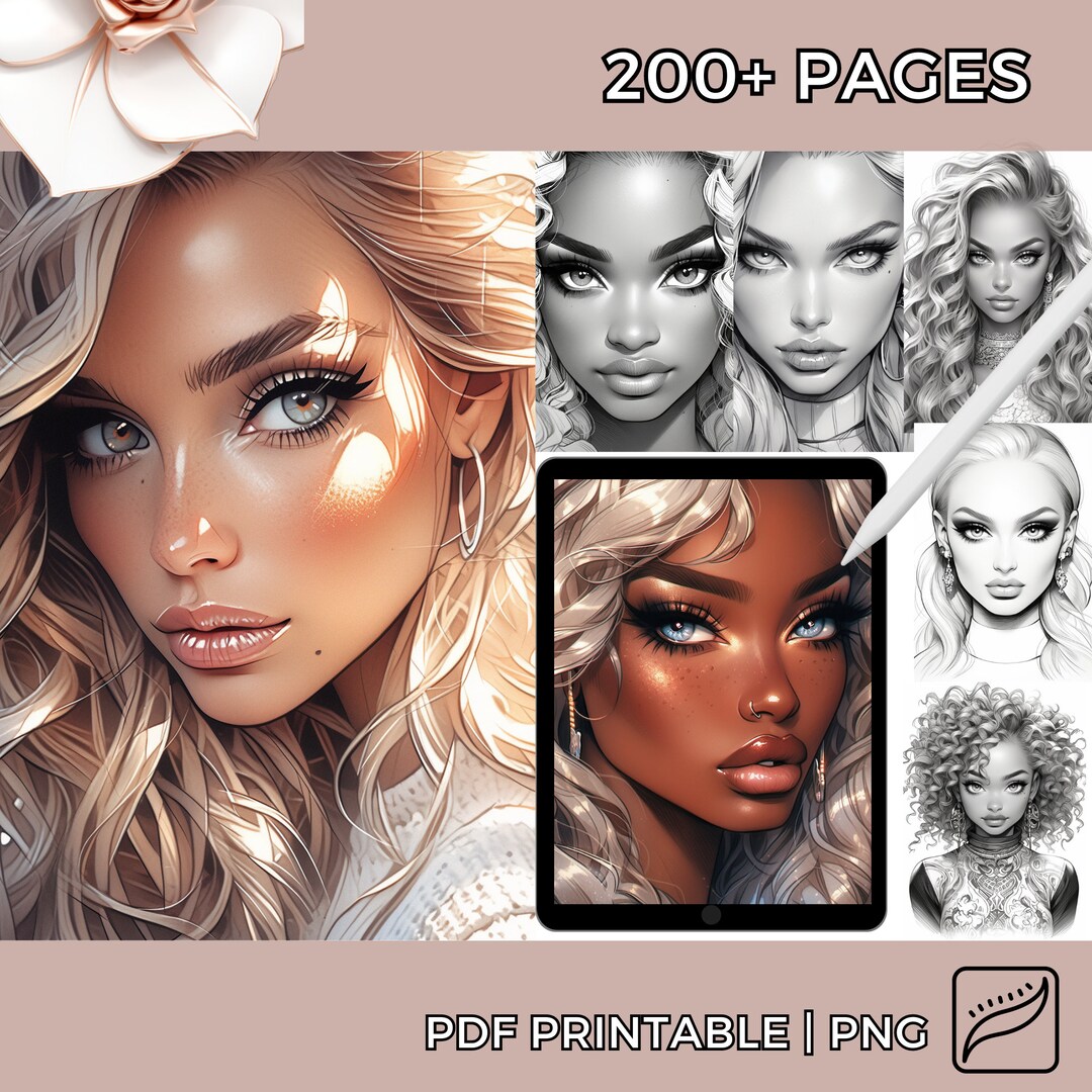 Procreate Coloring Book: Hairstyles and Makeup Expressions Grayscale ...