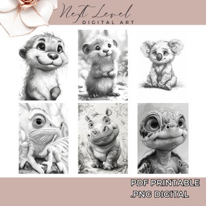 Cute Coloring Book, Baby Animals Printable Coloring Sheets, Grayscale ...