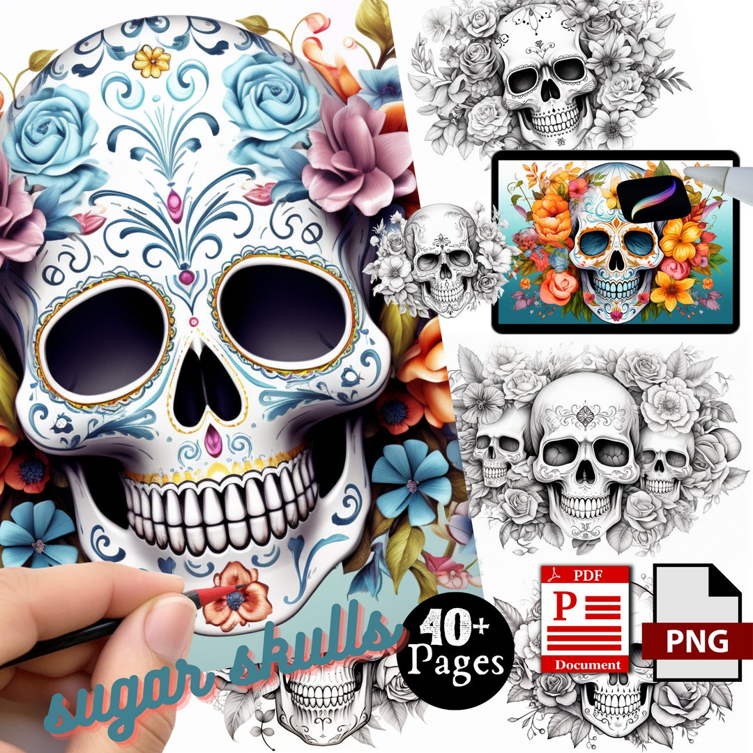 Halloween Coloring Pages Sugar Skulls Realistic Grayscale Printable ...