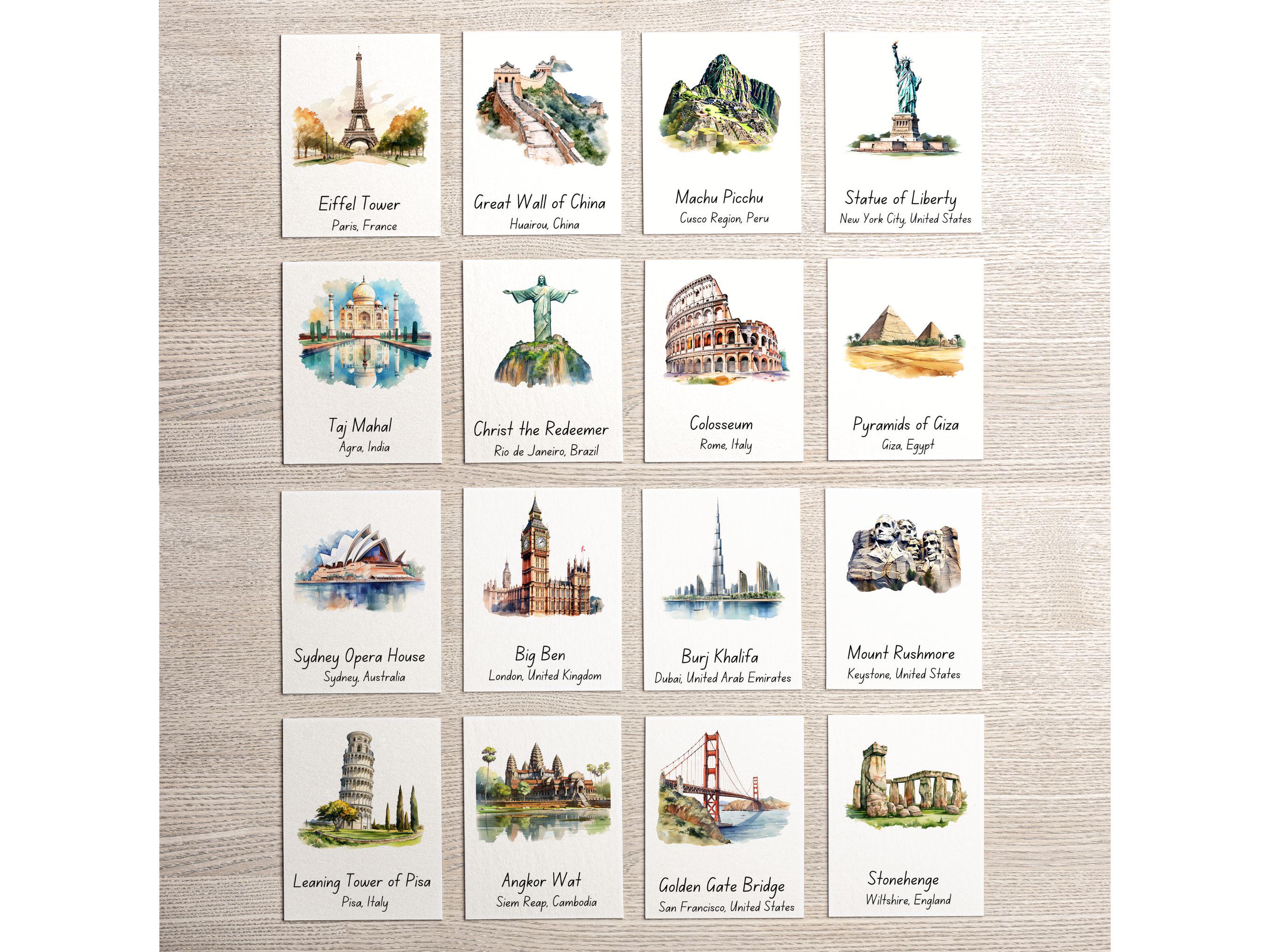 World Landmarks Montessori Nomenclature 3 Part Classification Flash ...