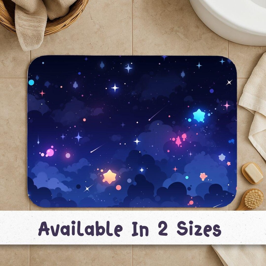Cute Cloud Stars Lofi Memory Foam Bath Mat, Kawaii Decor, Blue Bathroom ...