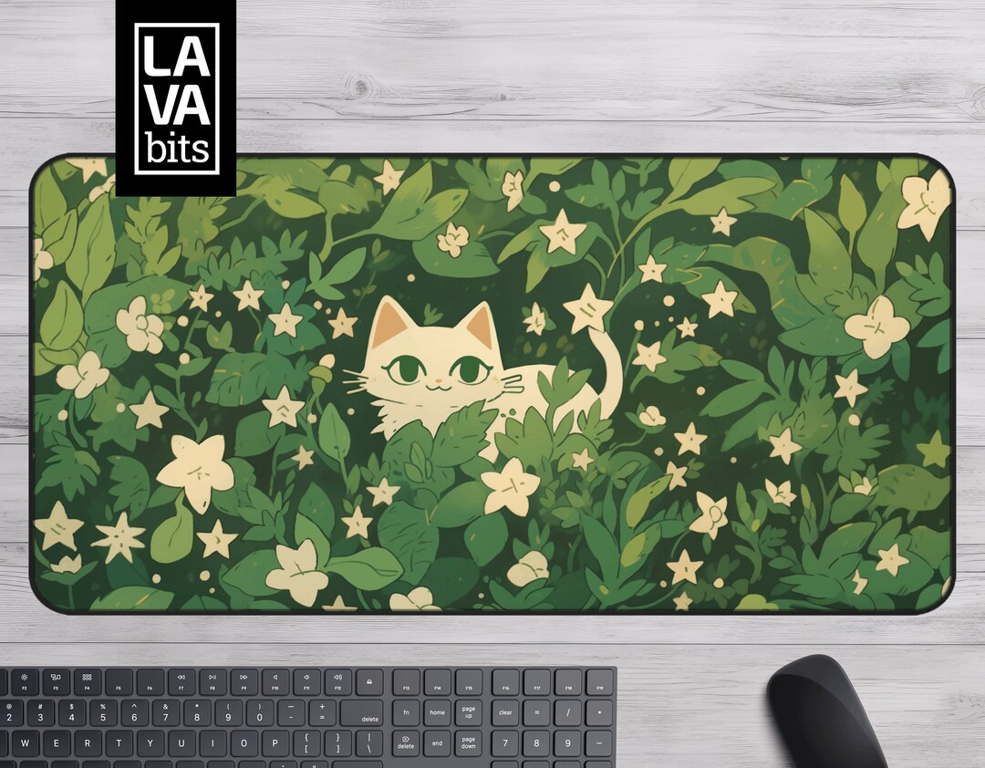 Lofi Green Cat Desk Mat Aesthetic Cute Desk Mat Cat Desk Decor Kawaii ...
