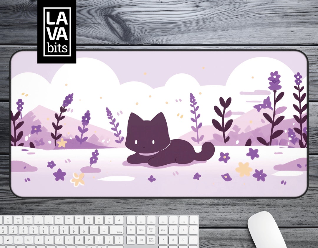 Purple Cat Desk Mat Aesthetic Cute Desk Mat Cat Desk Decor Kawaii XL ...
