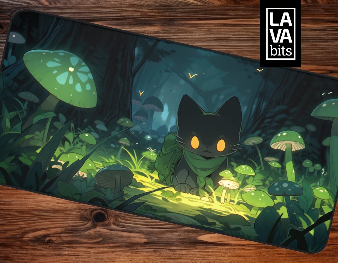 Mushroom Deskmat Anime Cat Mouse Pad Cute Dark Green XL Mousepad Cat ...