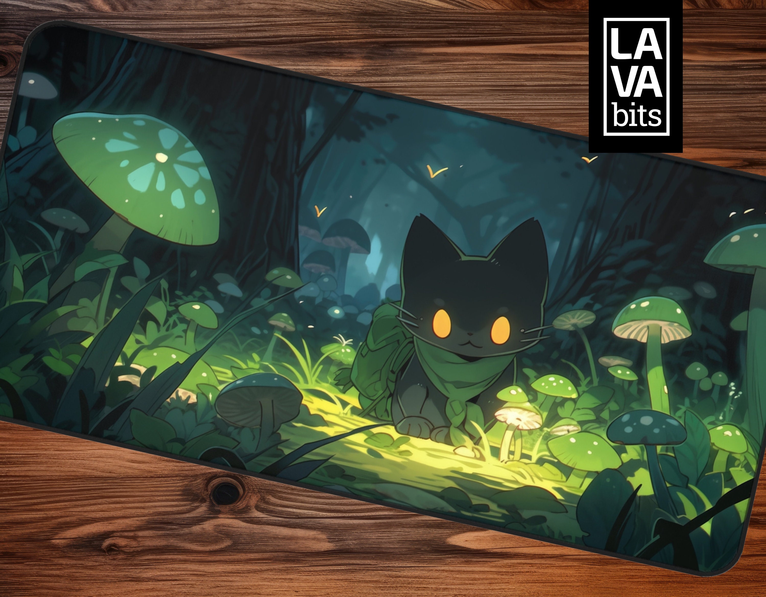 Mushroom Deskmat Anime Cat Mouse Pad Cute Dark Green XL Mousepad Cat ...