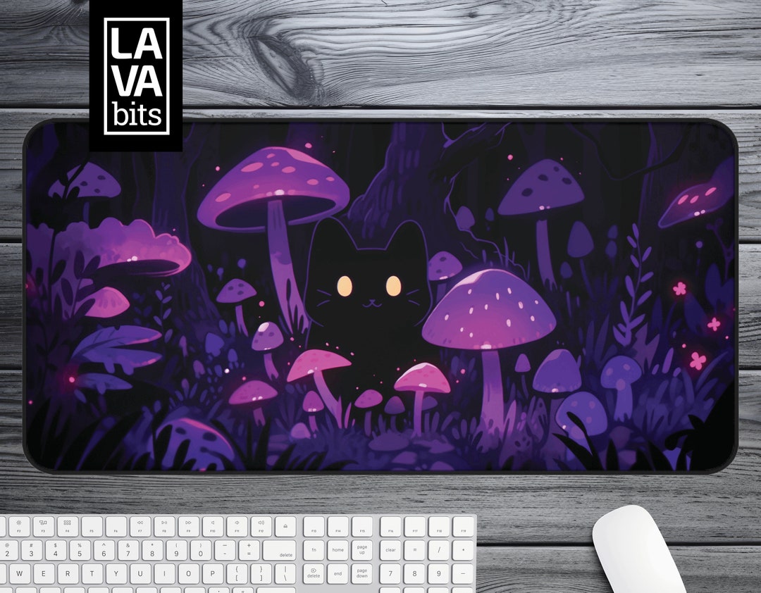 Mushroom Deskmat Anime Cat Mouse Pad Cute Purple XL Mousepad Cat Desk ...