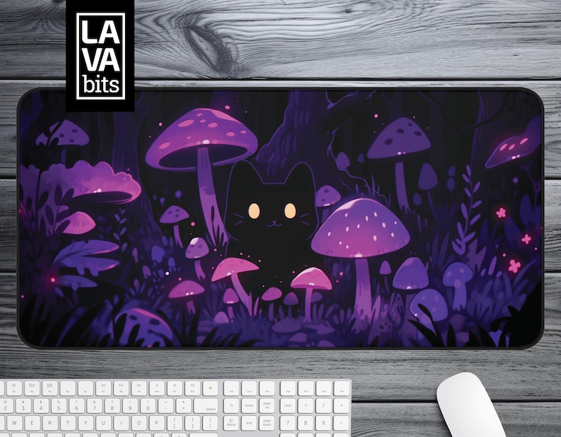 Mushroom Deskmat Anime Cat Mouse Pad Cute Purple XL Mousepad Cat Desk ...