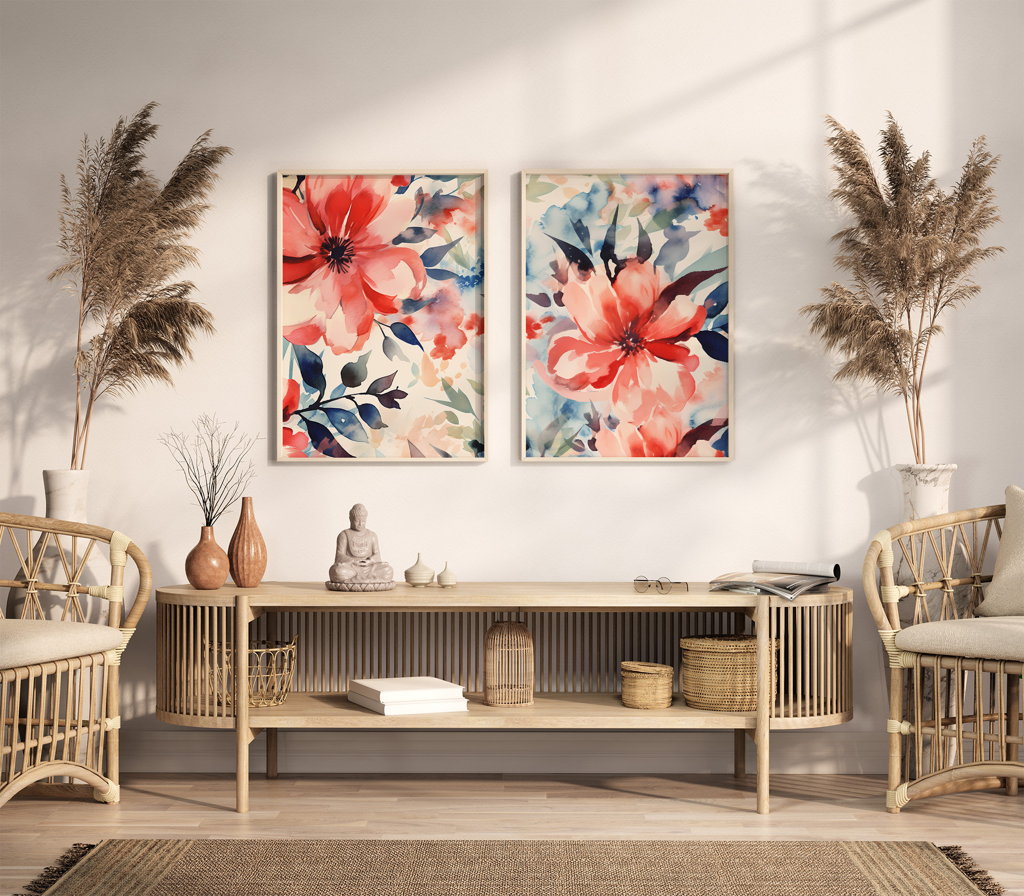 Contemporary Split Wall Art Set of 2 Spring Flower Pattern Prints, Boho ...