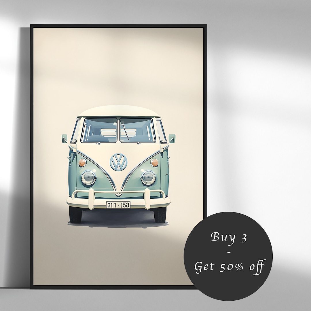 Retro VW Volkswagen Bus Wall Art Vintage Car Print Poster Decor, Mid ...