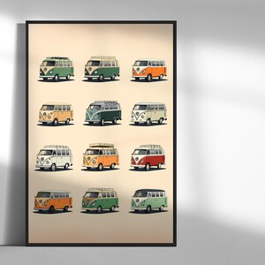 Retro VW Volkswagen Bus Wall Art Vintage Car Print Poster Decor, Mid ...