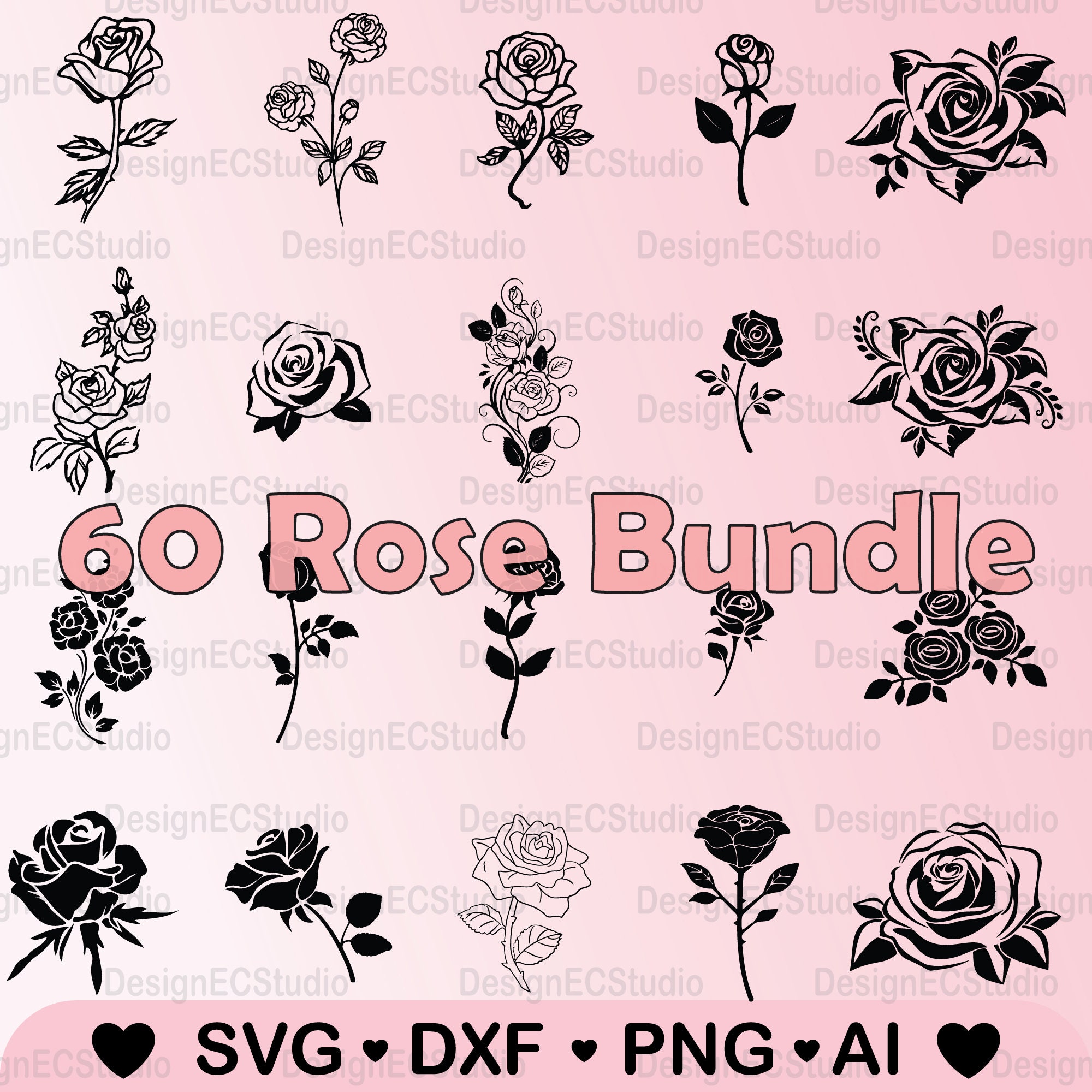 60 Rose Svg Designs Bundle, Rose Tattoo Template, Rose Clipart Bundle ...