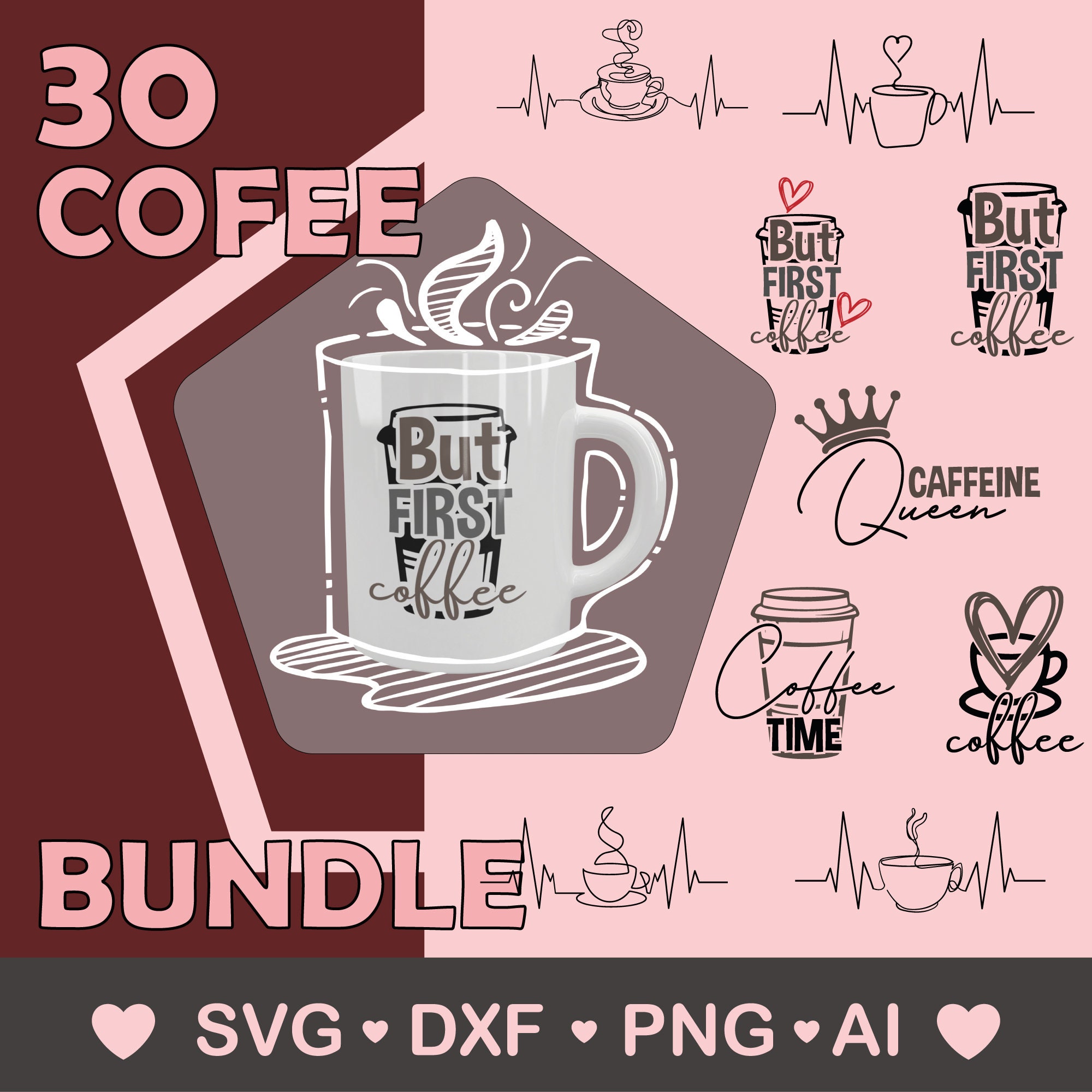 Digital Coffee Mug Design Bundle Set of 30 SVG Png Eps - Etsy