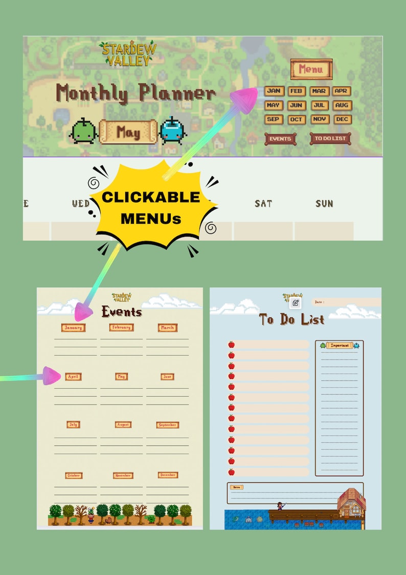 Stardew Valley Monthly Digital Planner With to Do List, Clickable Menus ...