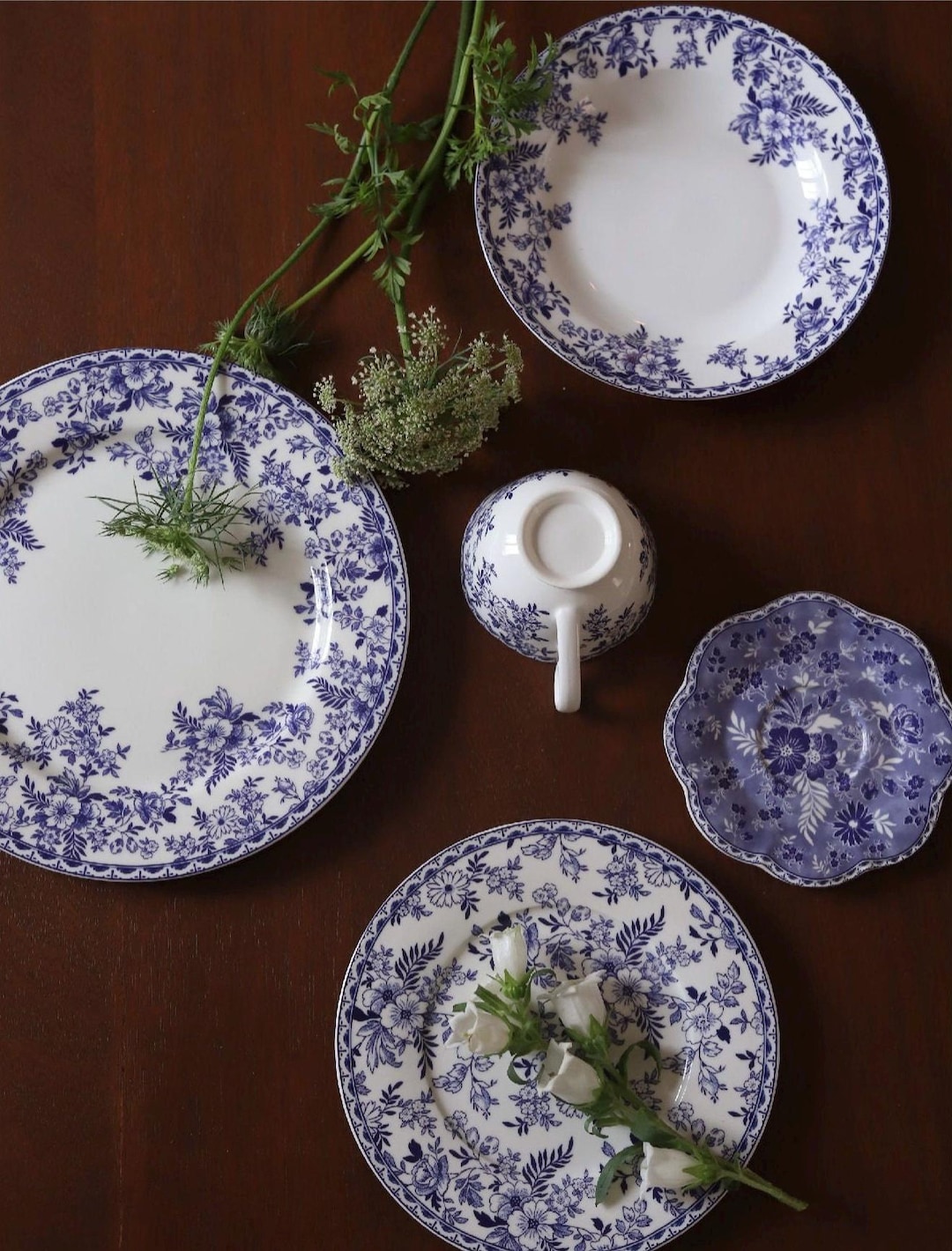 Vintage Fine China Porcelain Dinnerware Set, Blue Botanical Ceramic ...
