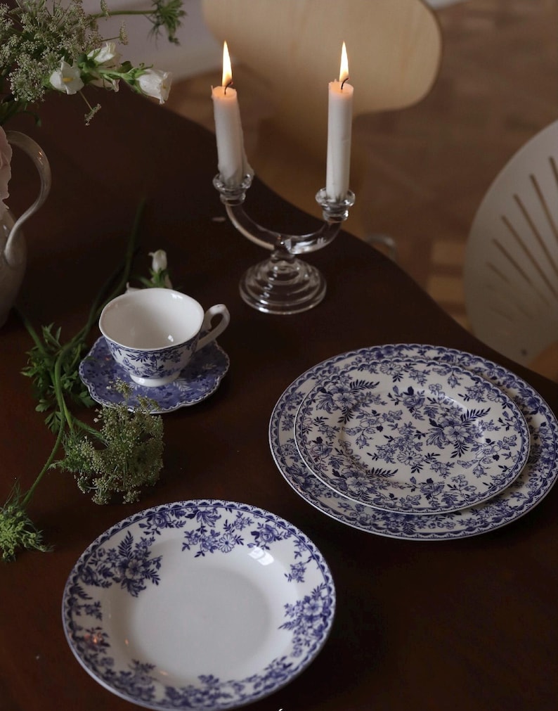 Vintage Blue Botanical China Dinnerware Set: Elegant Porcelain ...