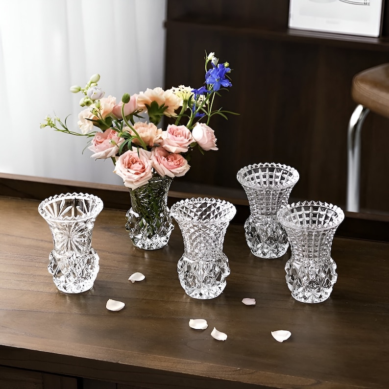 French Relief Patterned Glass Vase Set, Small Embossed Flower Vase ...
