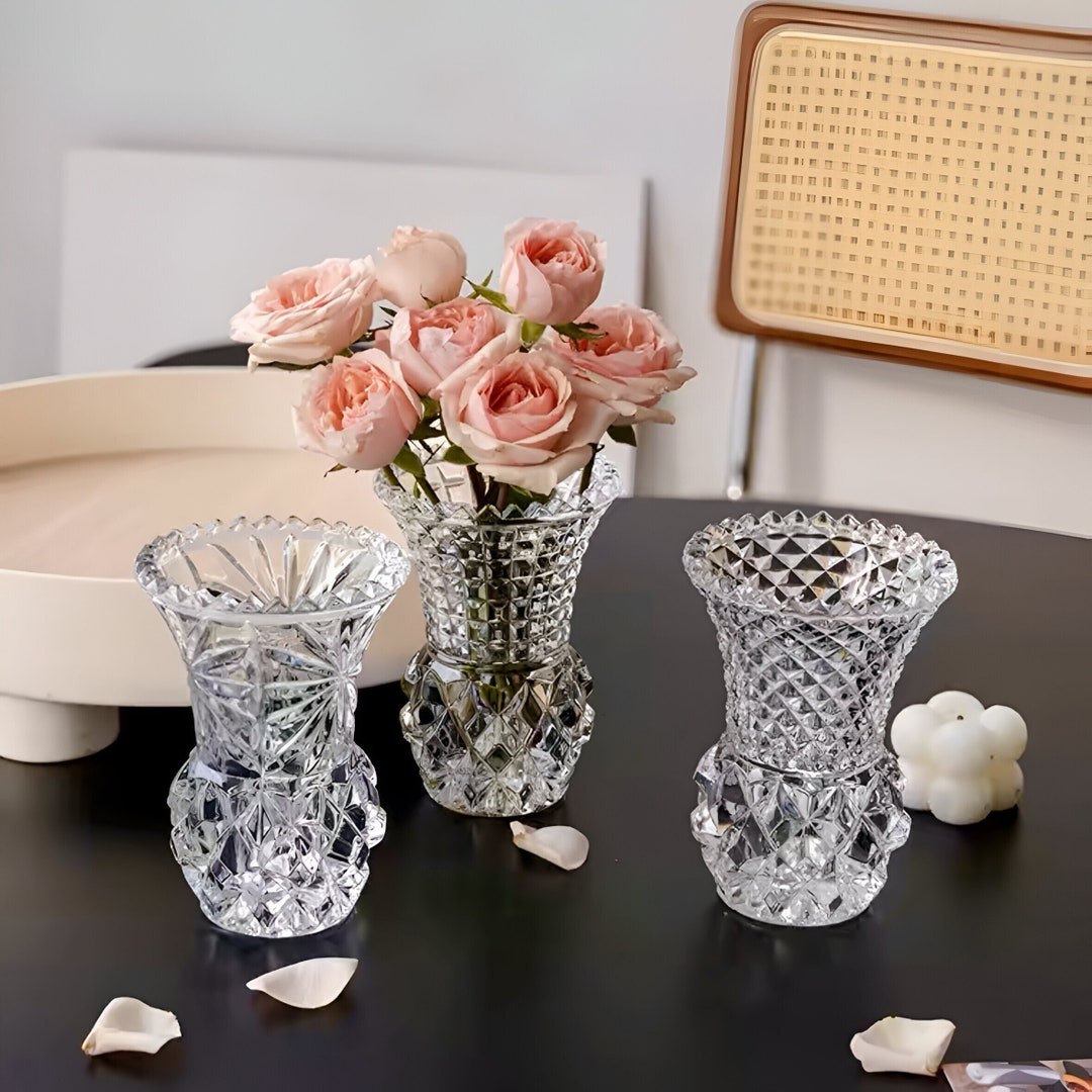 French Relief Patterned Glass Vase Set, Small Embossed Flower Vase ...