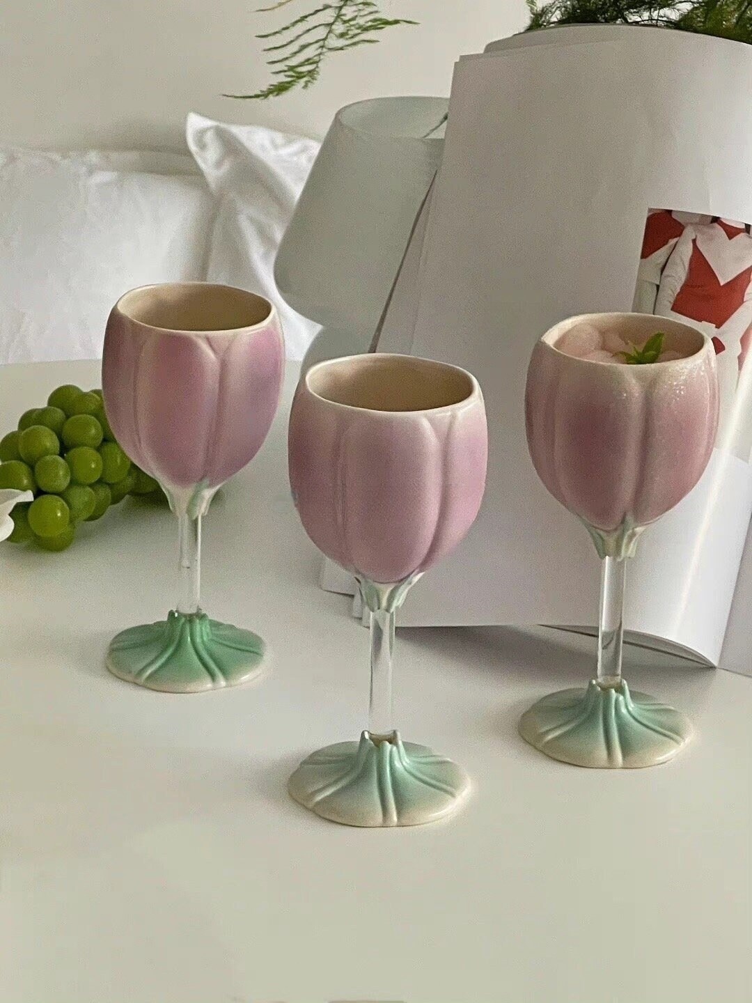 Vintage Embossed Tulip Wine Glass, Ceramic Drinking Cup Aesthetic ...