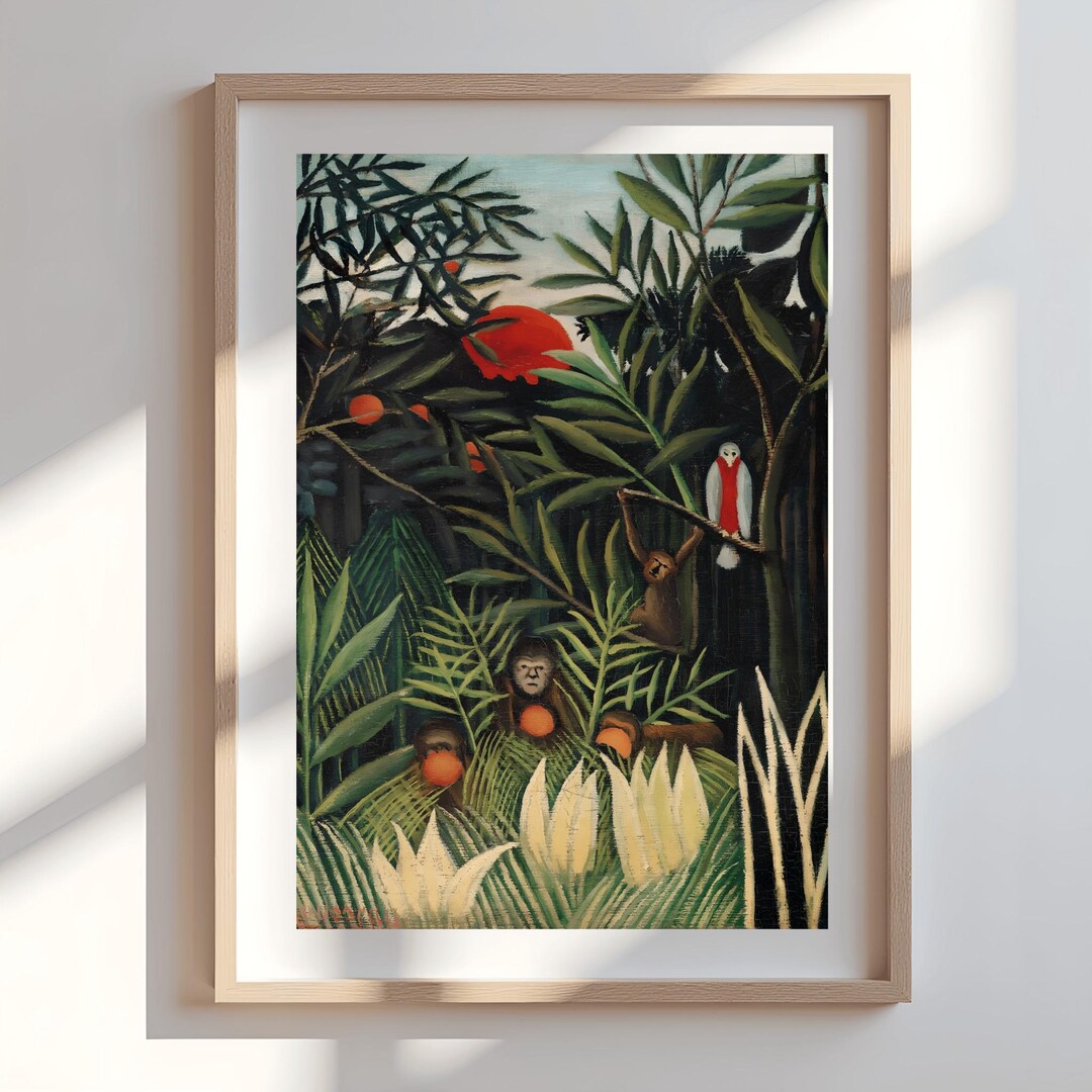 Henri Rousseau Jungle Print: Monkeys and Parrot - Folk Art Nature Decor ...