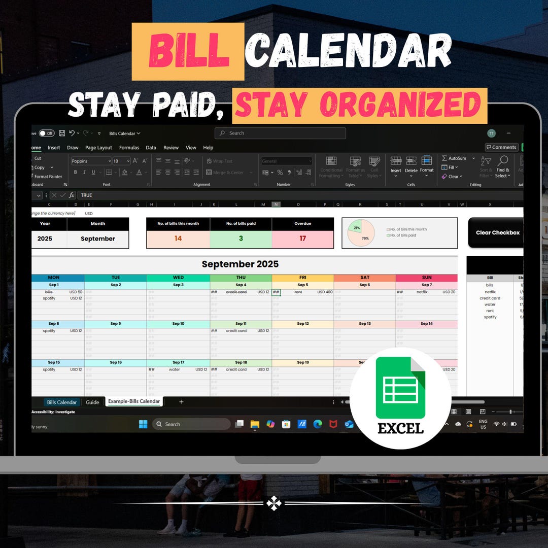 Monthly Bills Calendar Excel Template | Bill Payment Tracker | Budget ...