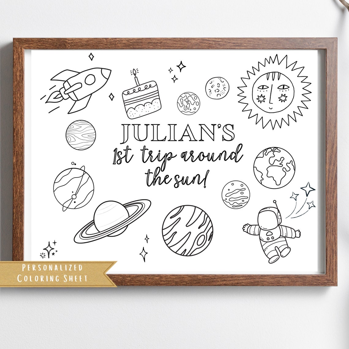 Personalized First Trip Around the Sun Coloring Page | Space Birthday ...