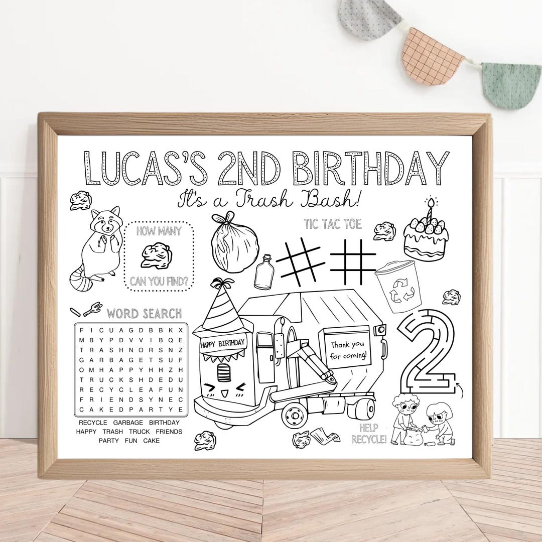 Garbage Truck Birthday Activity Sheet | Kids Party Placemat (PDF) - Etsy