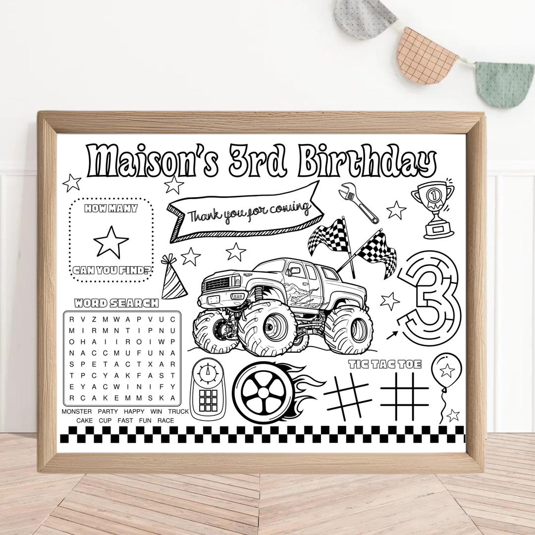 Racing Truck Activity Sheet | Hot Monster Truck Party Placemat | Race ...