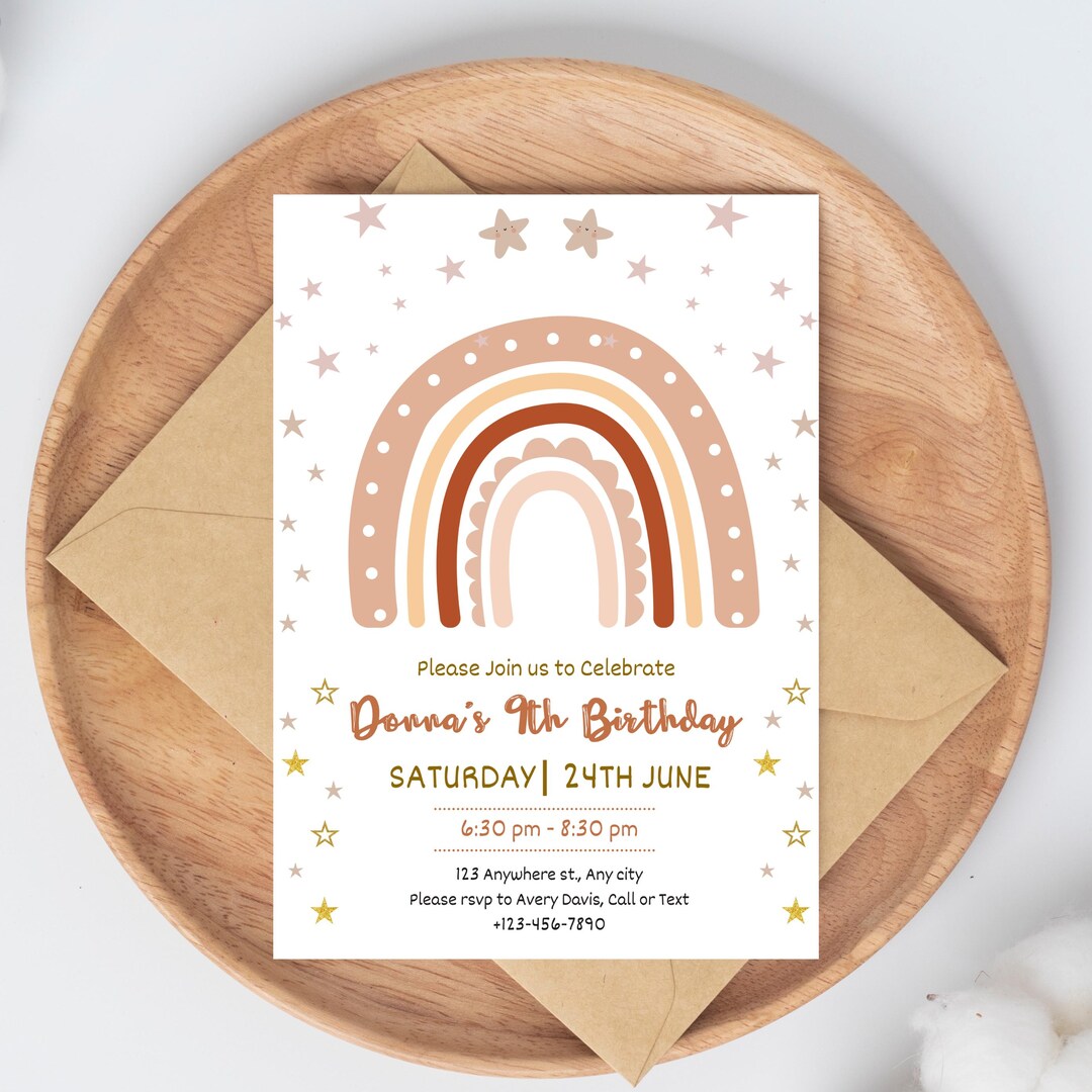 Editable Boho Rainbow Party Invitation | Boho Style Birthday Party ...