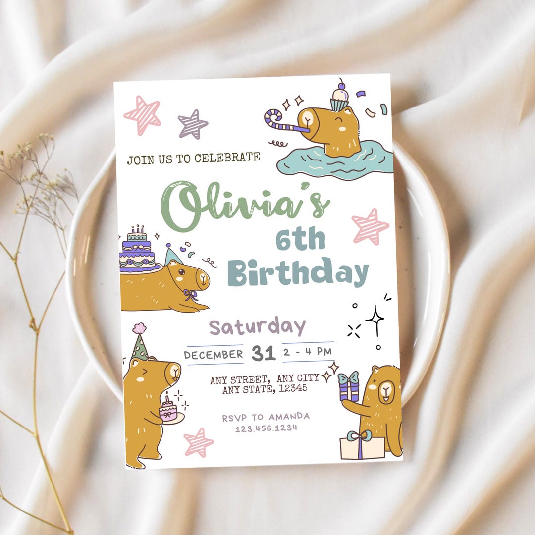 Editable Cute Capybara Birthday Party Invitation | Kawaii Capybara ...