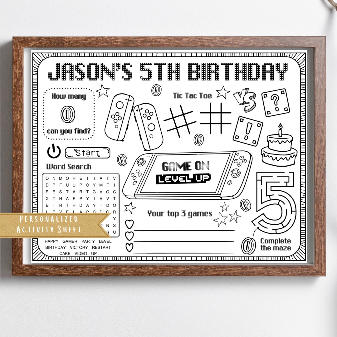 Personalized Gaming Birthday Placemat | Kids Coloring Activity (digital ...
