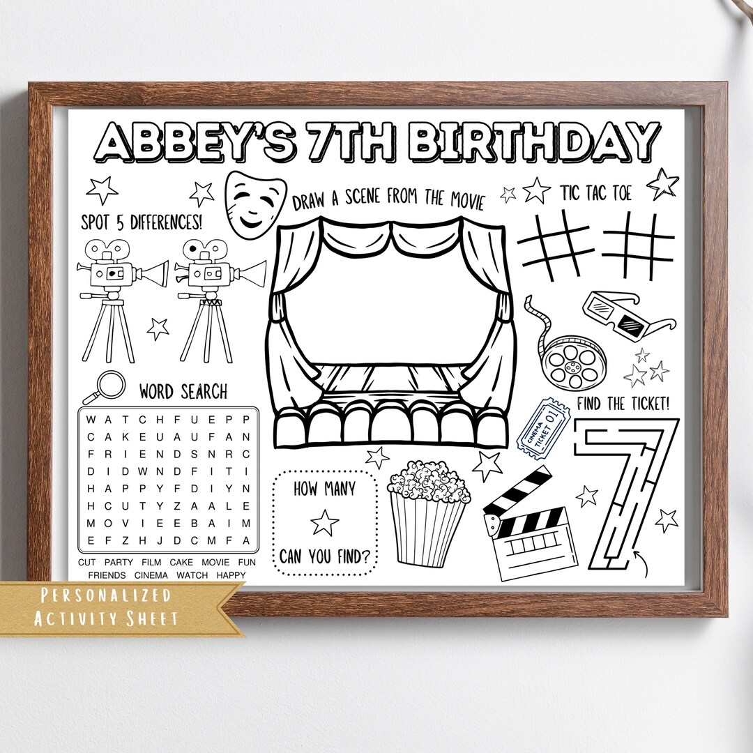 Movie Birthday Party Activity Sheet Cinema Party Movie Night Placemat ...