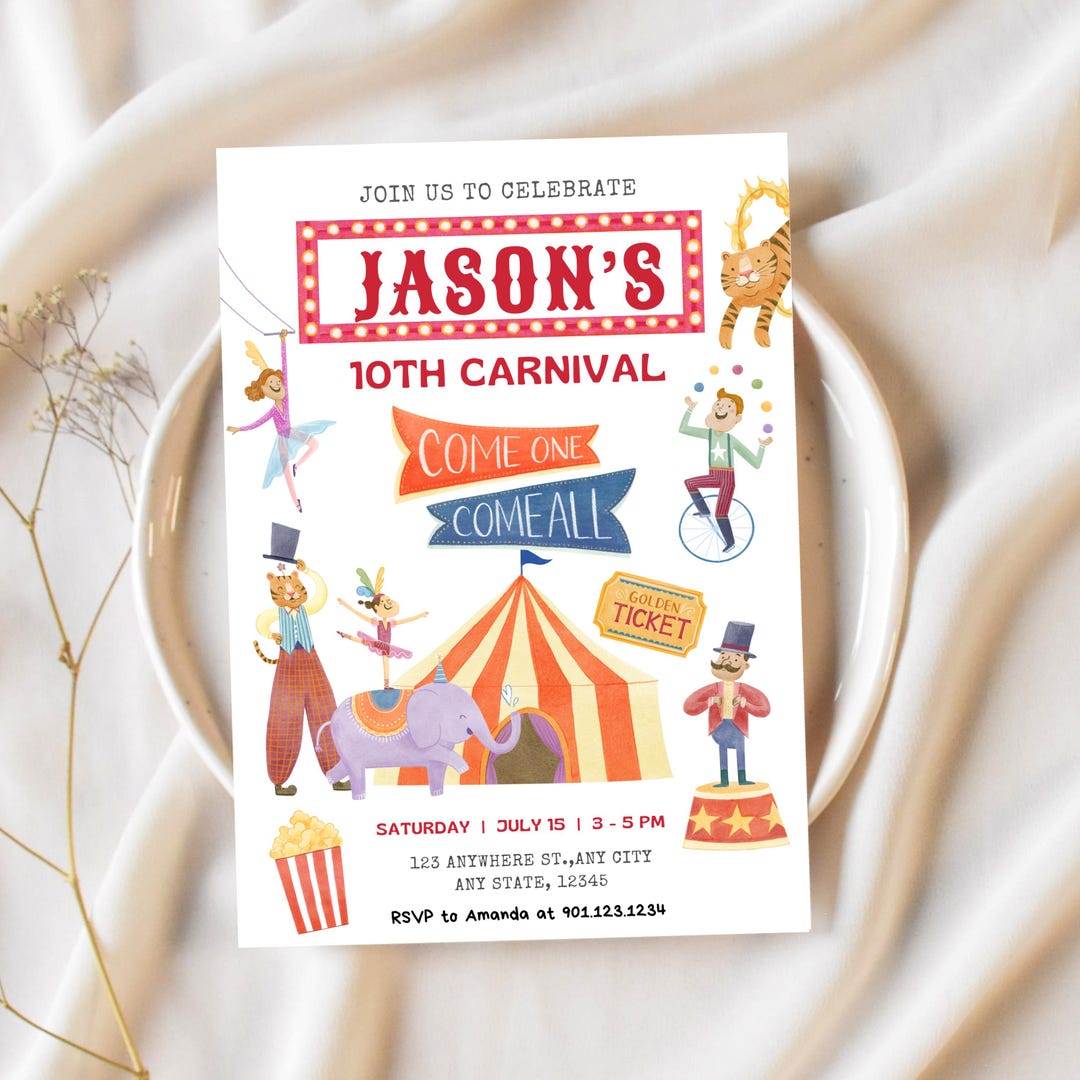 Editable Carnival Birthday Party Invitation | Circus Birthday Party ...