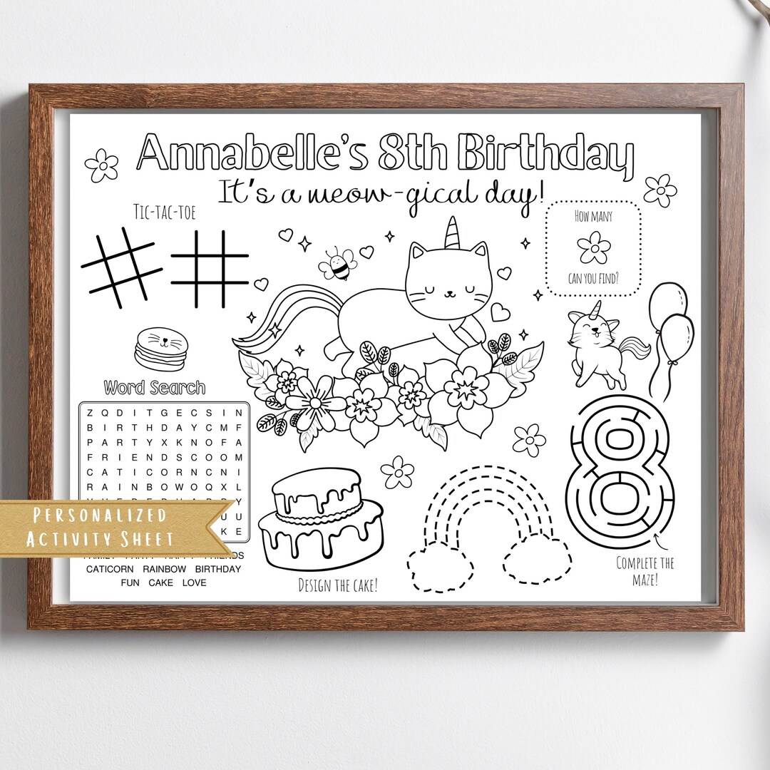 Caticorn Birthday Party Activity Sheet Caticorn Party Placemat Unicorn ...