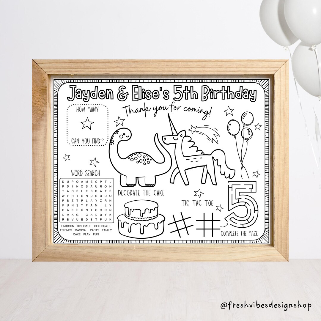 Unicorns and Dinosaurs Joint Birthday Party Activity Sheet | Unicorn ...