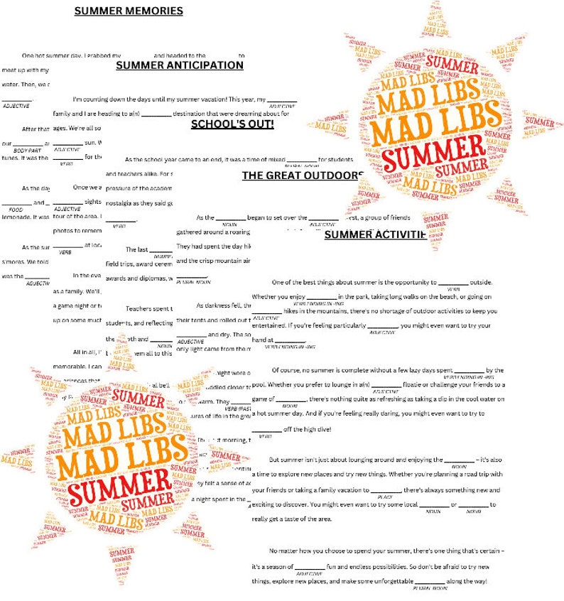 Summer Mad Libs Collection, Party Games, Digital Download - Etsy