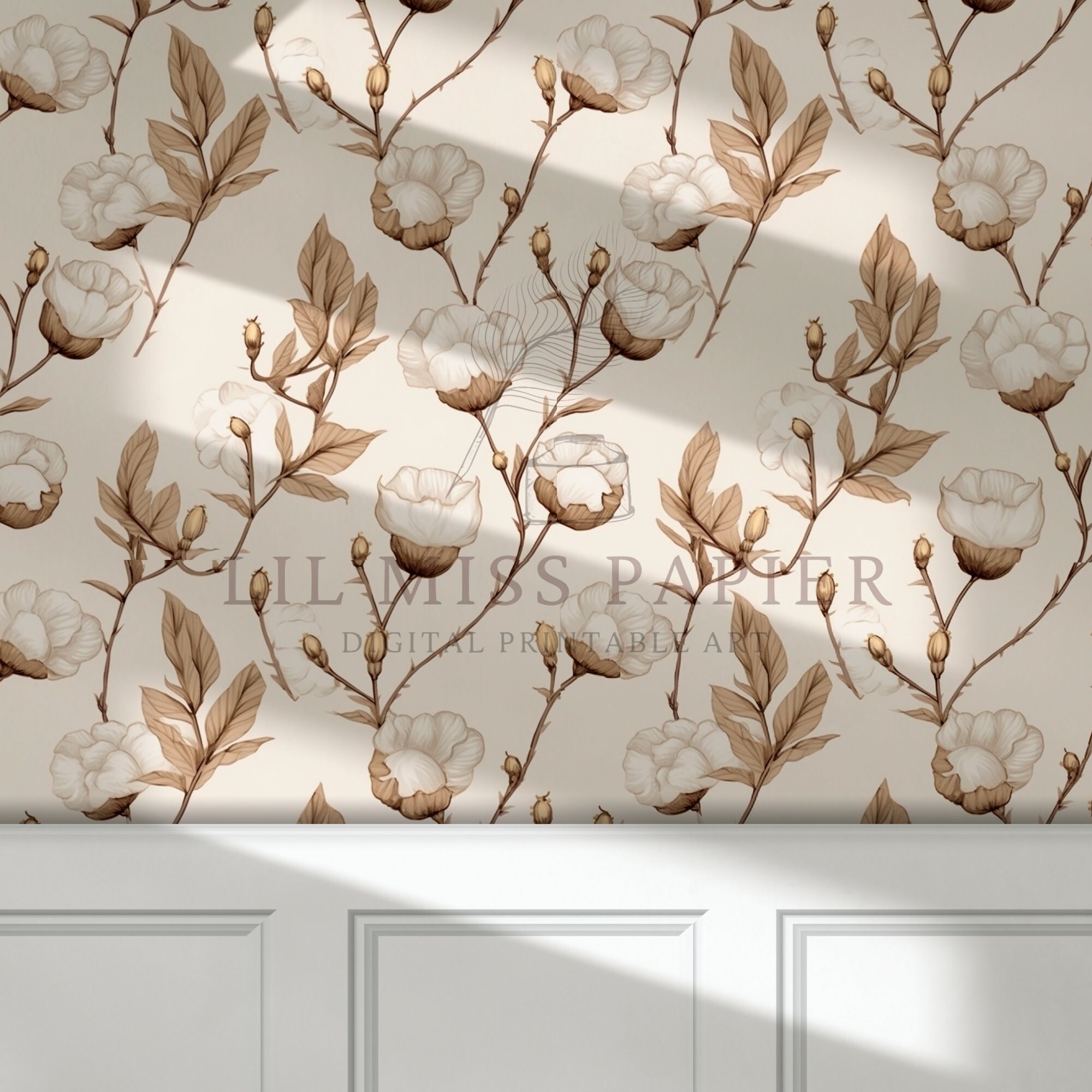 Neutral Cotton Flower Boho Digital Seamless Prints Boho Repeat - Etsy