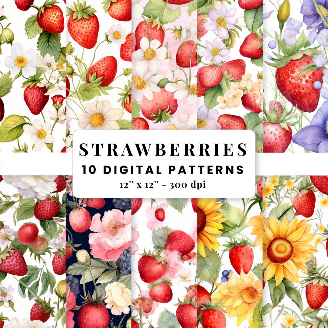 Strawberry Flowers Digital Seamless Prints Fabric Berry Repeat Pattern ...