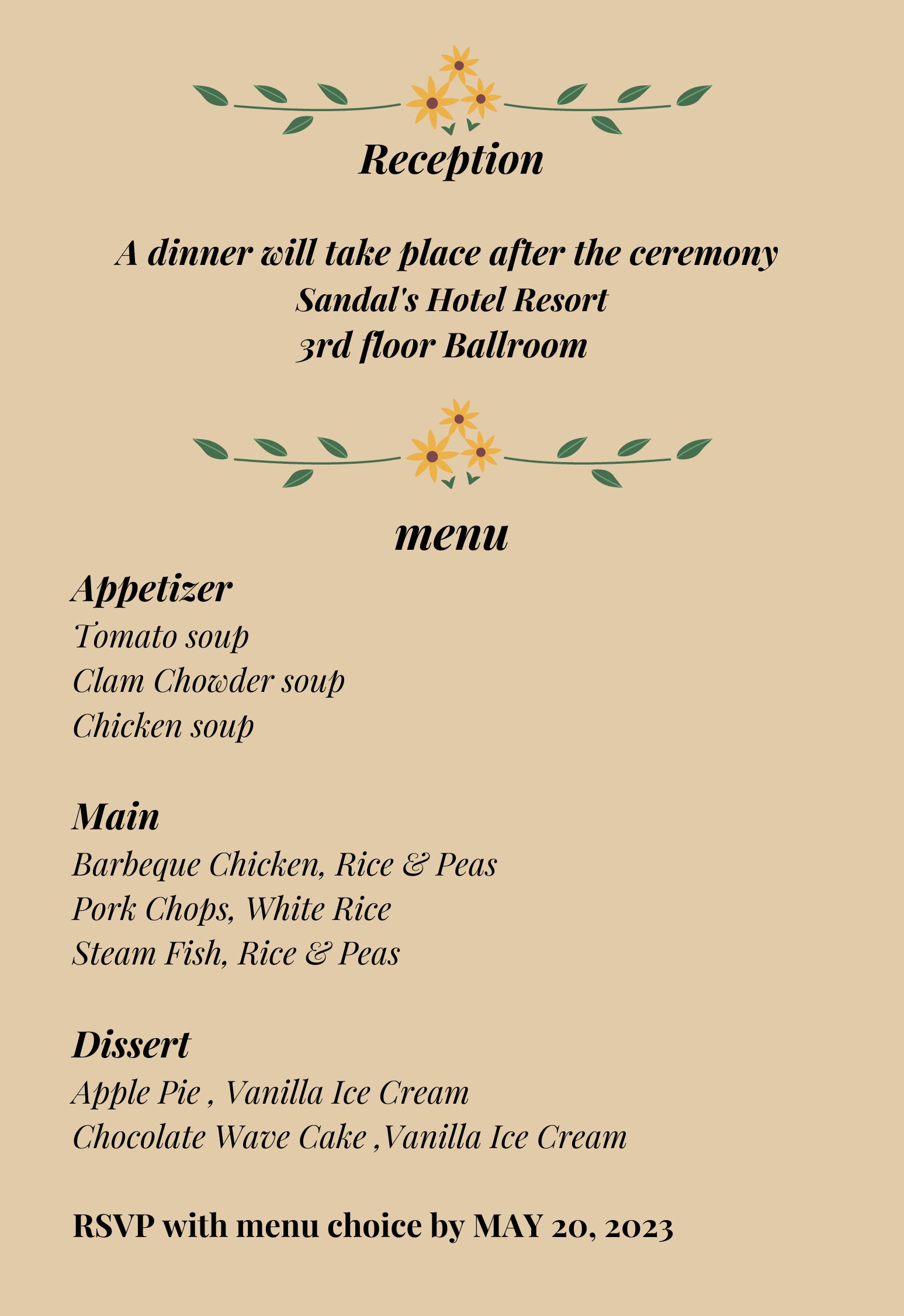 Printable Wedding Invitation and Reception Menu, Marriage Invitation ...