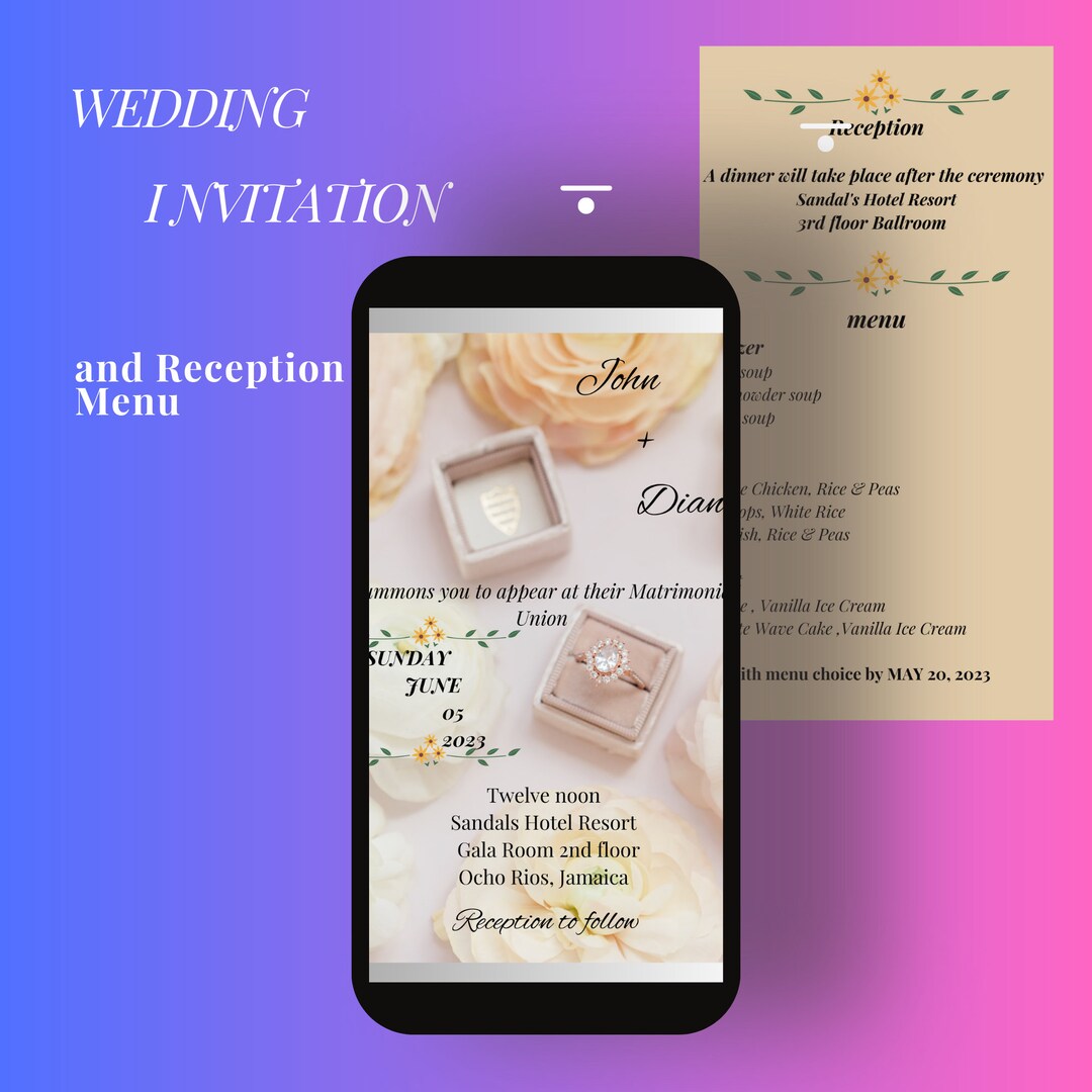 Printable Wedding Invitation and Reception Menu, Marriage Invitation ...