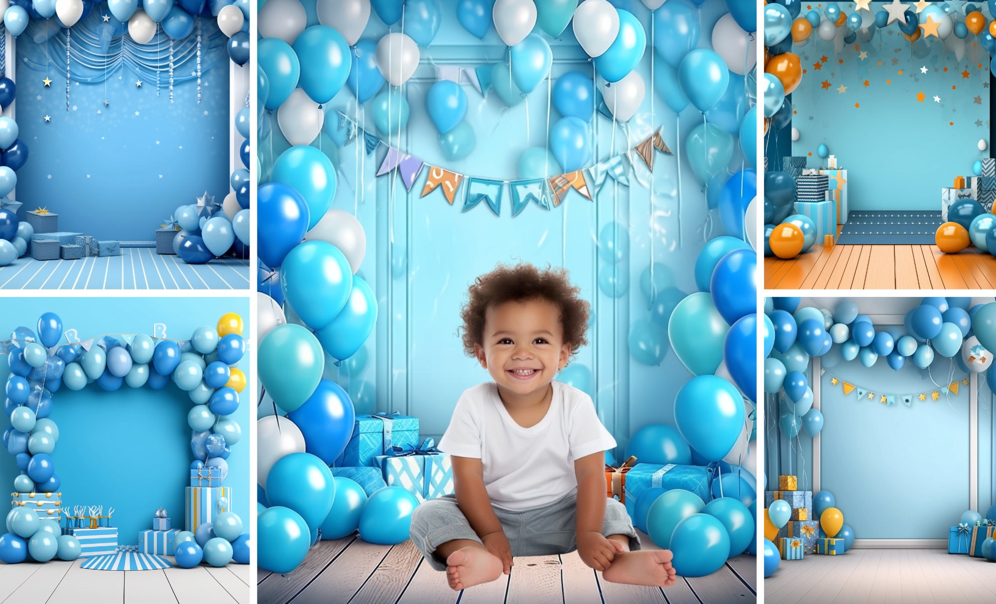 Balloon Backdrop for Boy 1st Birthday - Blue Digital Fine Art Party ...