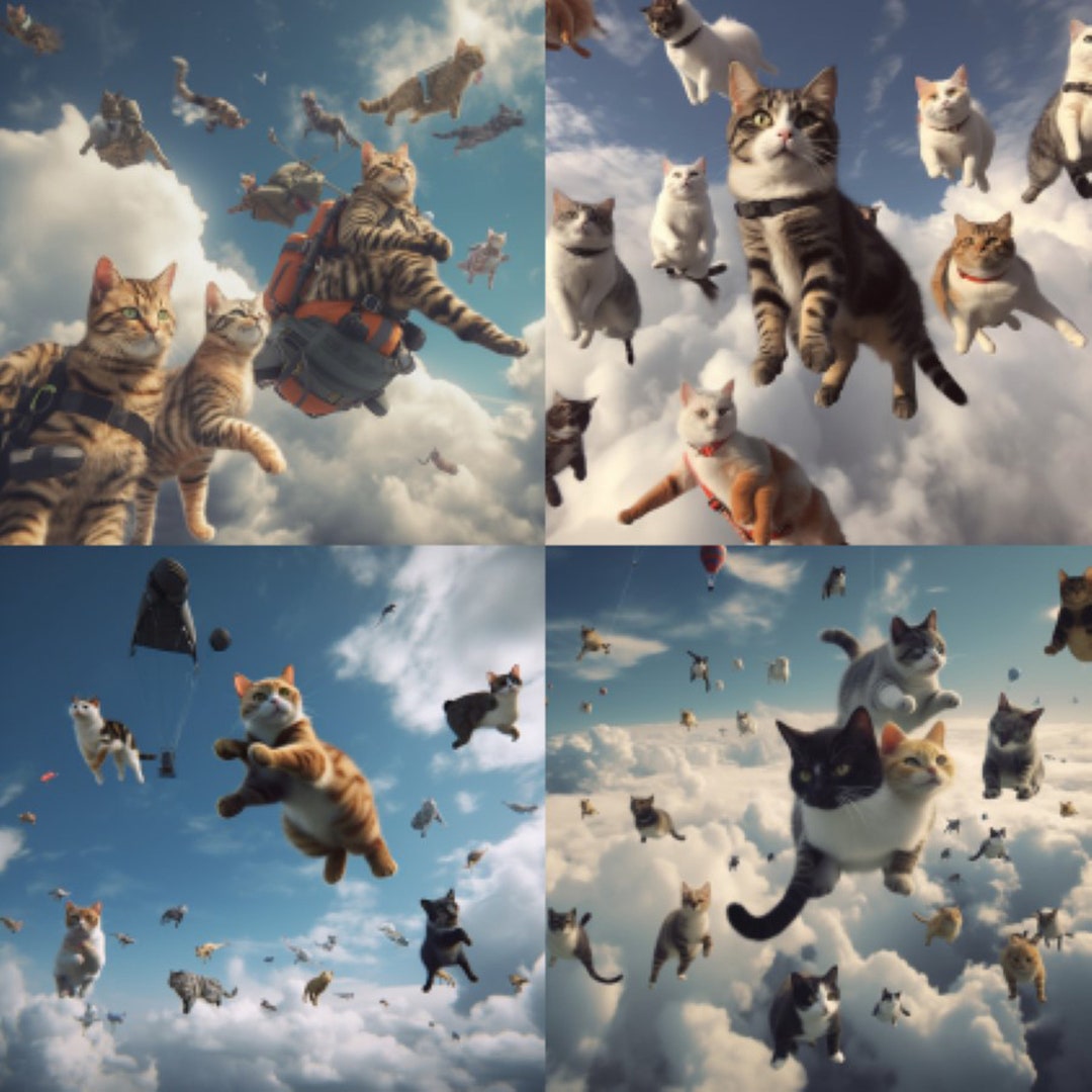 Cats Skydiving Print Digital Wall Art Animal Wall Hanging Gift for Cat ...