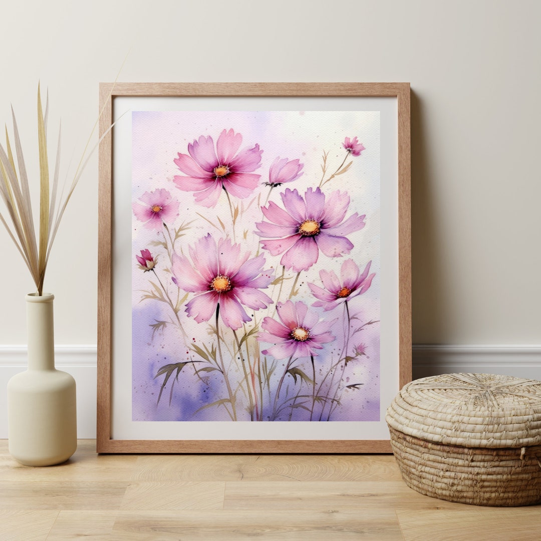 Pink Cosmos Flower Watercolour Print, Pink Wall Art, Flower Art Print ...