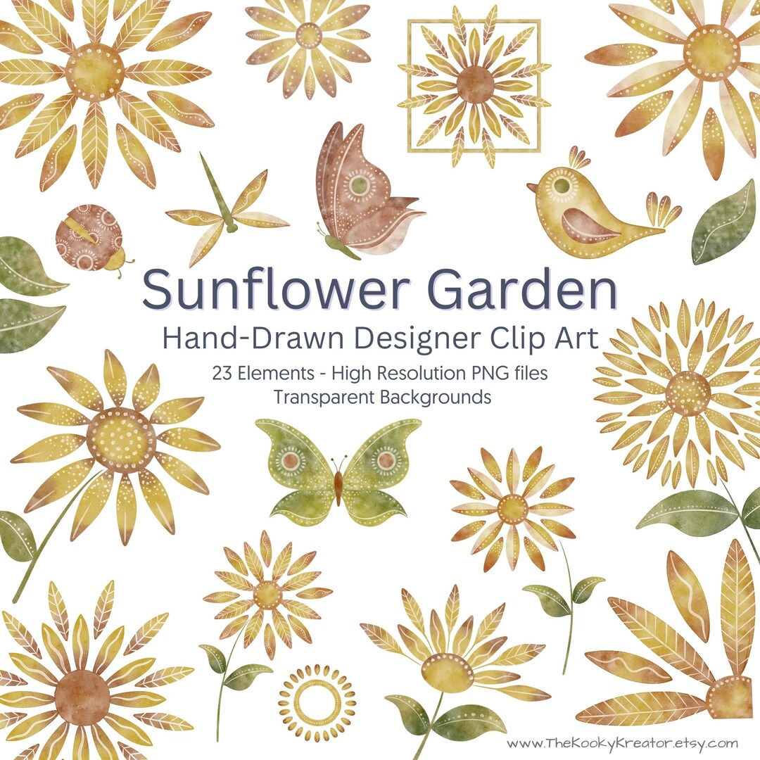 Sunflower Garden Clip Art: Hand-drawn Earth Colors (PNG, Digital ...