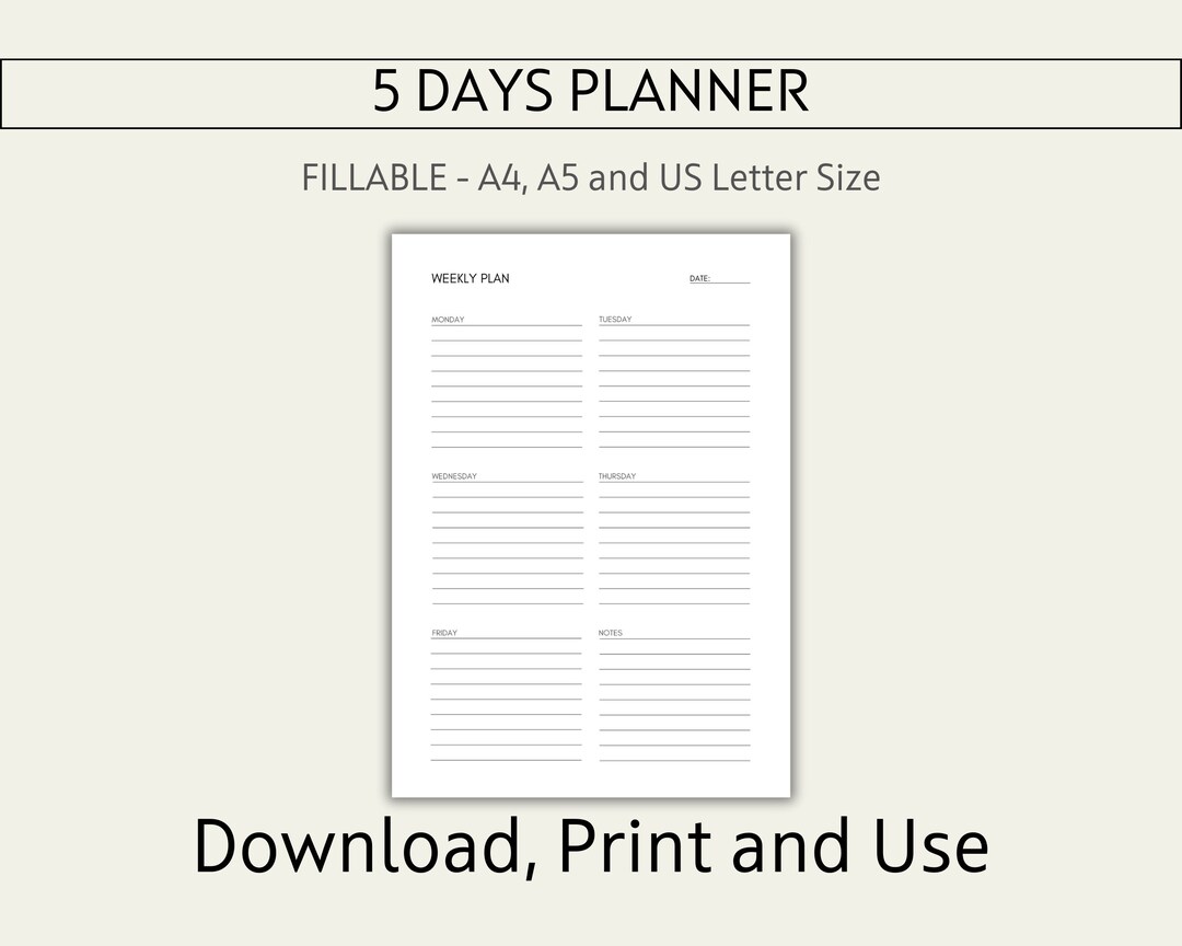 Five Day Weekly Planner Printable, Desk Organizer, Weekly Schedule ...