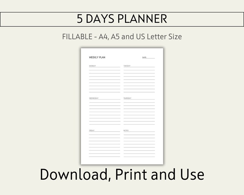 Five Day Weekly Planner Printable, Desk Organizer, Weekly Schedule ...