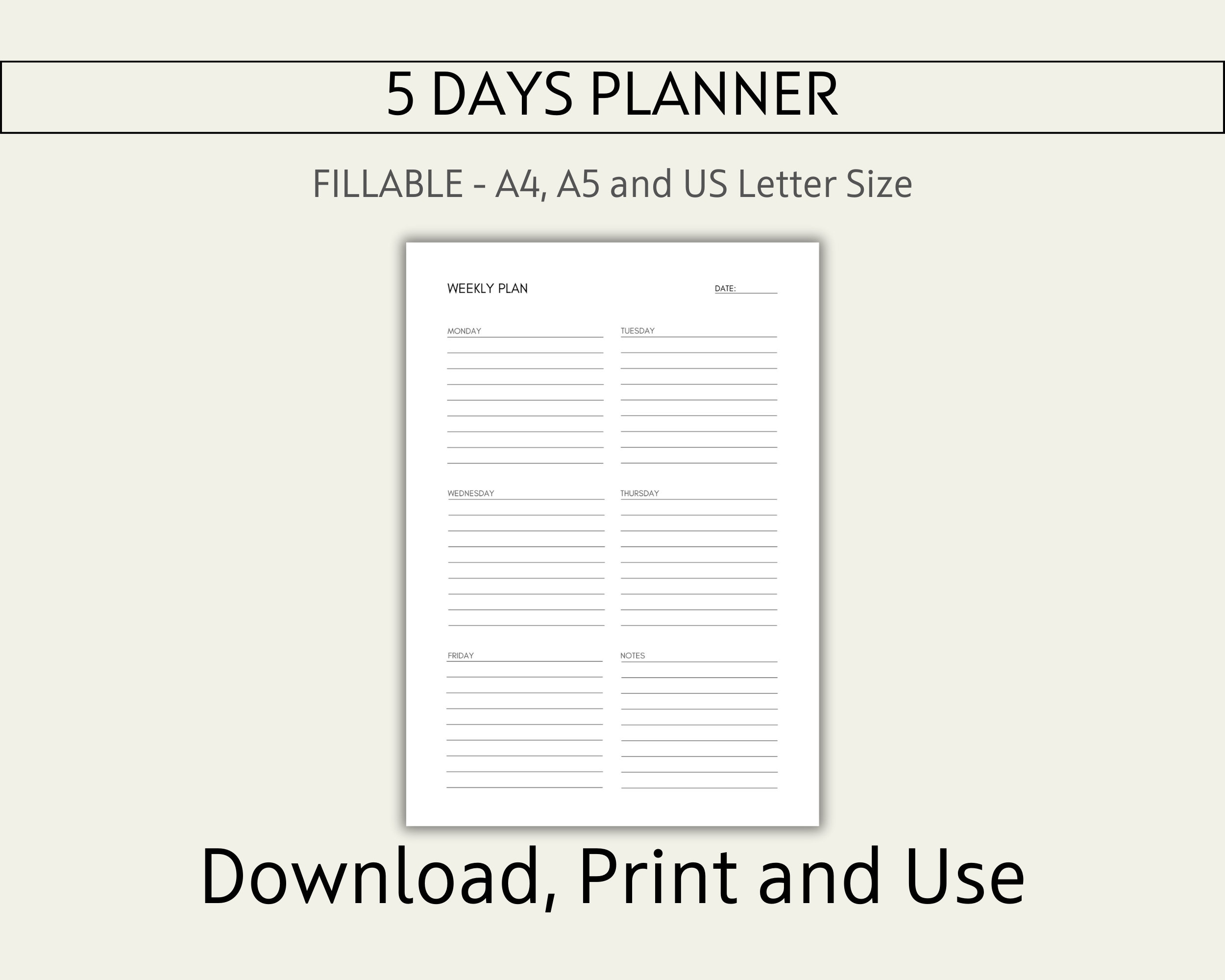 Five Day Weekly Planner Printable Desk Organizer Weekly - Etsy