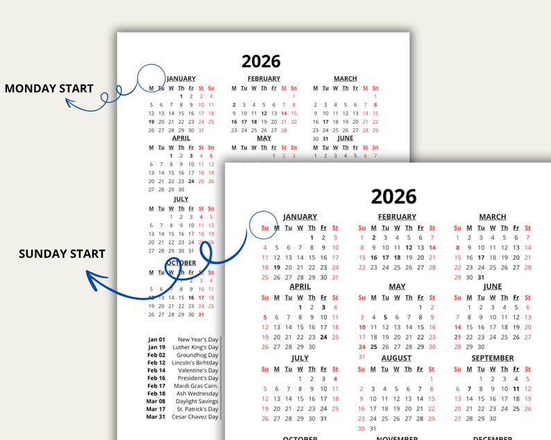 2026 Printable Calendar: Vertical Layout, Sunday/monday Start (PDF ...