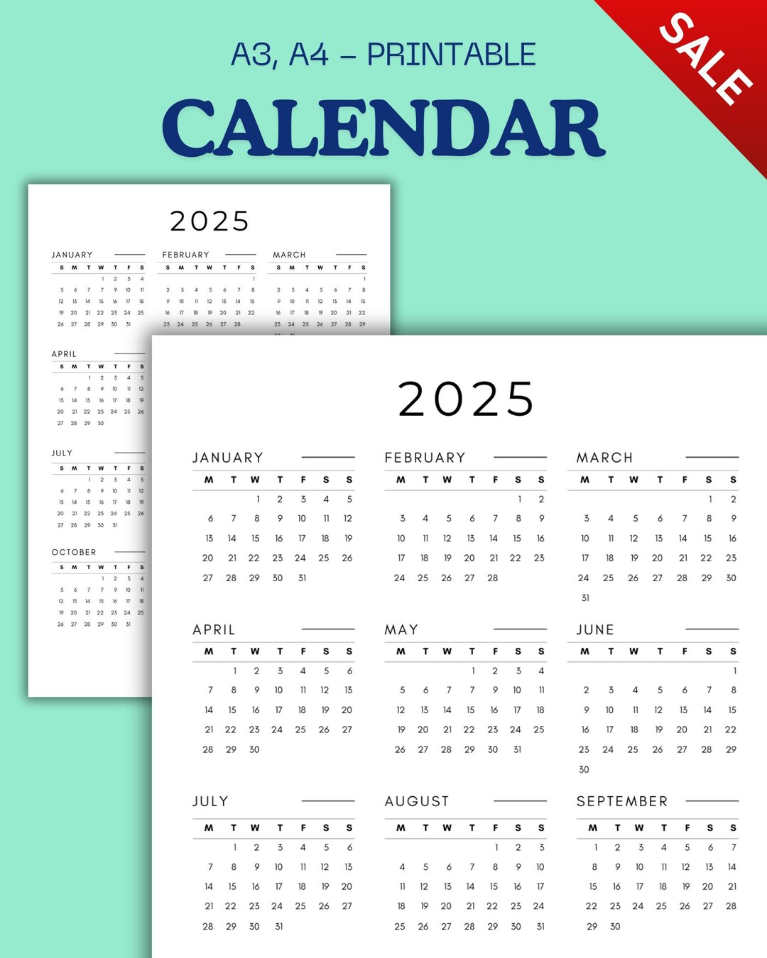 2025-2030 Year Calendars Printable, Yearly Wall Calendar, Desk Calendar ...